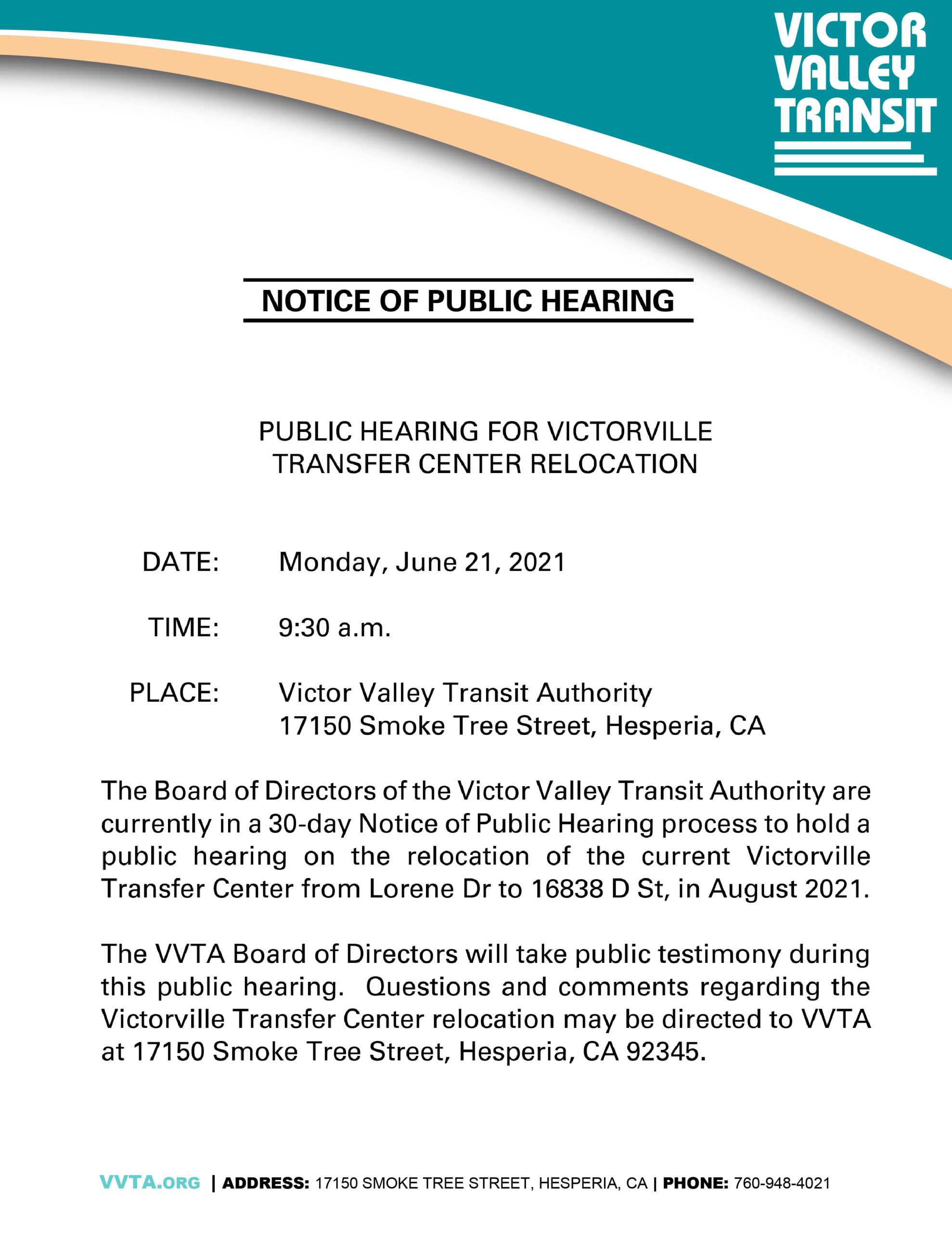 Notice of Public Hearing – VVTA