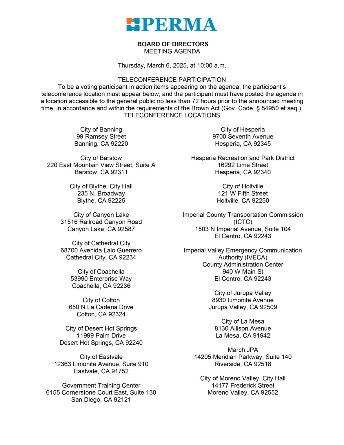 PERMA Board Meeting – VVTA