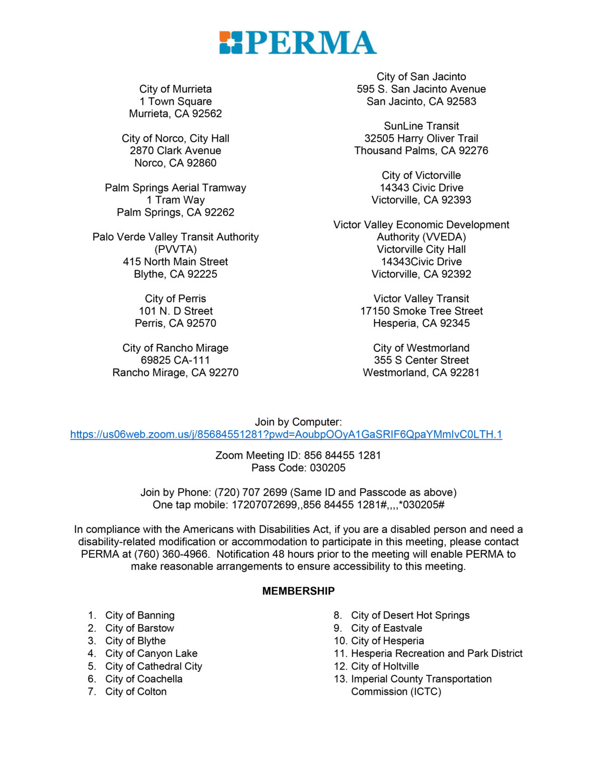 PERMA Board Meeting – VVTA