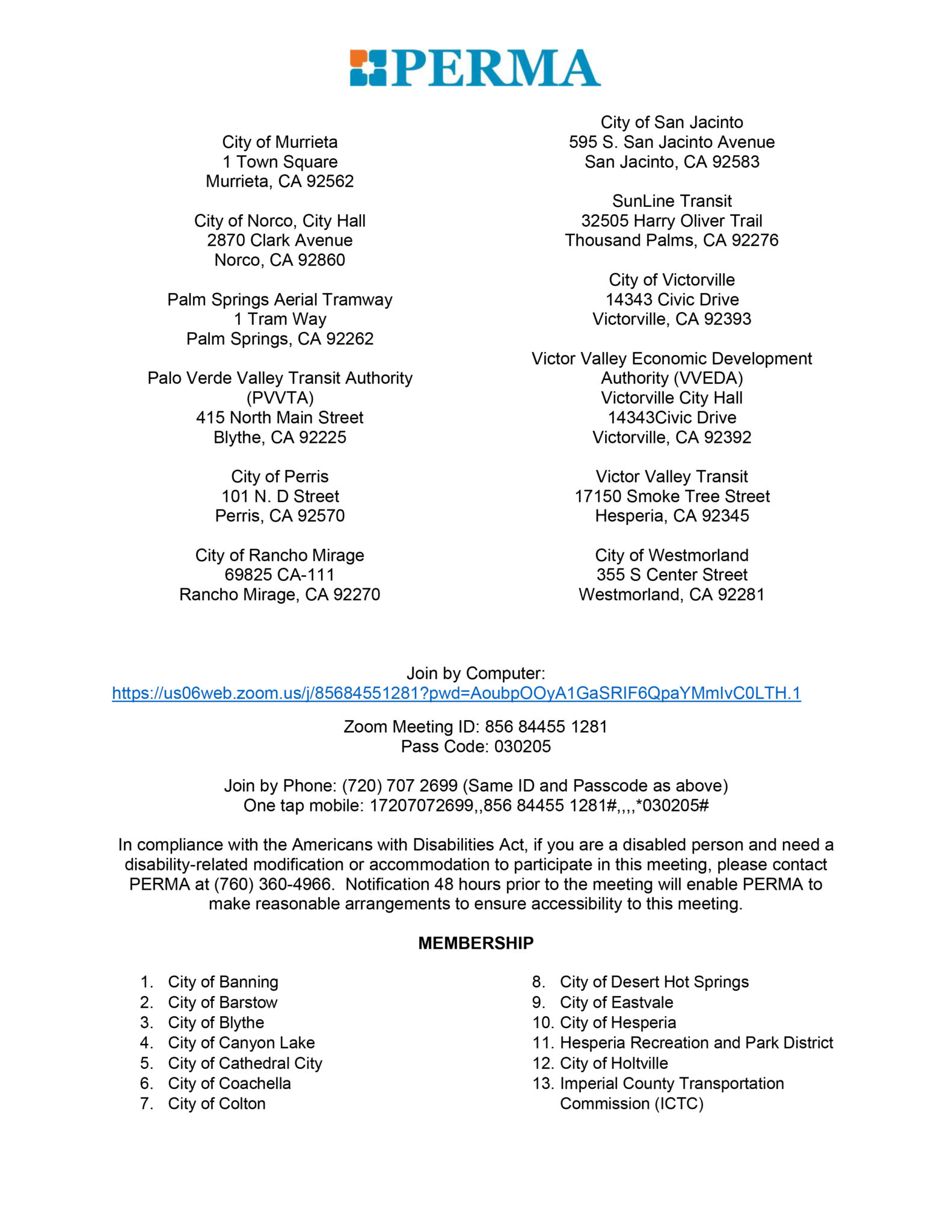 PERMA Board Meeting – VVTA