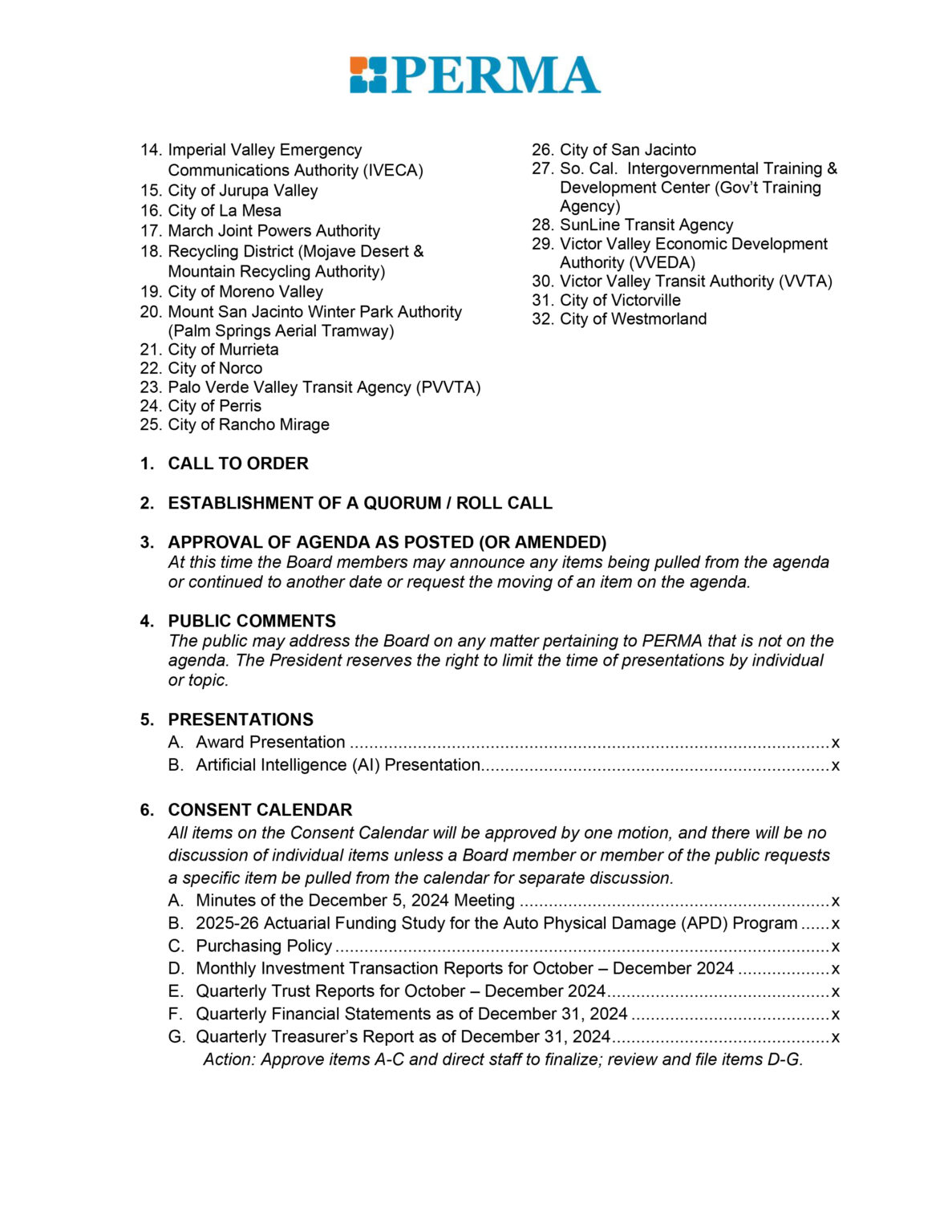 PERMA Board Meeting – VVTA