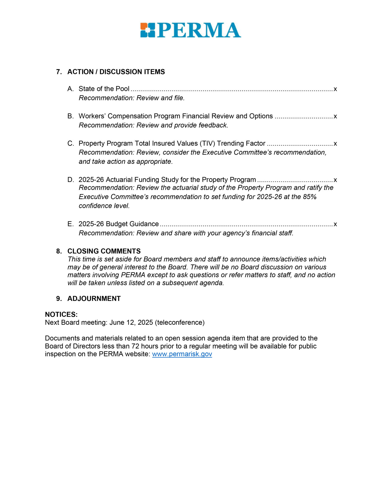 PERMA Board Meeting – VVTA